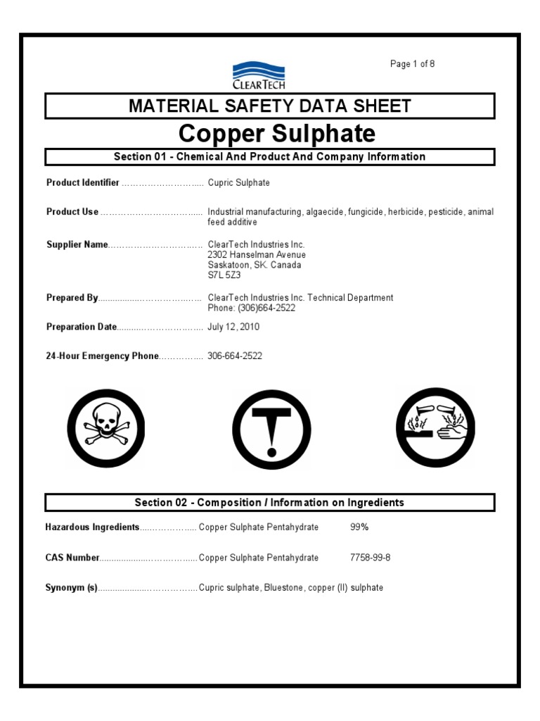 Copper Sulphate: Material Safety Data Sheet | PDF | Chemical Substances ...