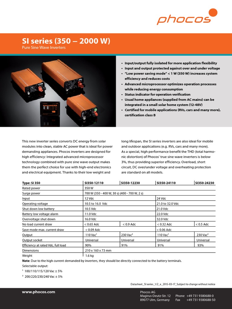 Phocos Datasheet Inverter-1000 2000W e Web | PDF | Power Inverter ...