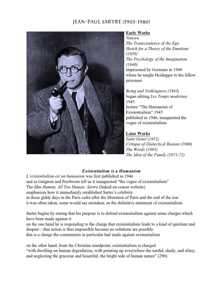 Jean-Paul Sartre (1905-1980) Early Works: Existentialism Is A Humanism ...
