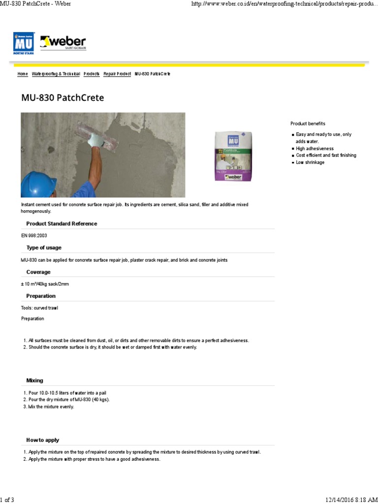 MU-830 PatchCrete - Weber | PDF | Concrete | Manmade Materials