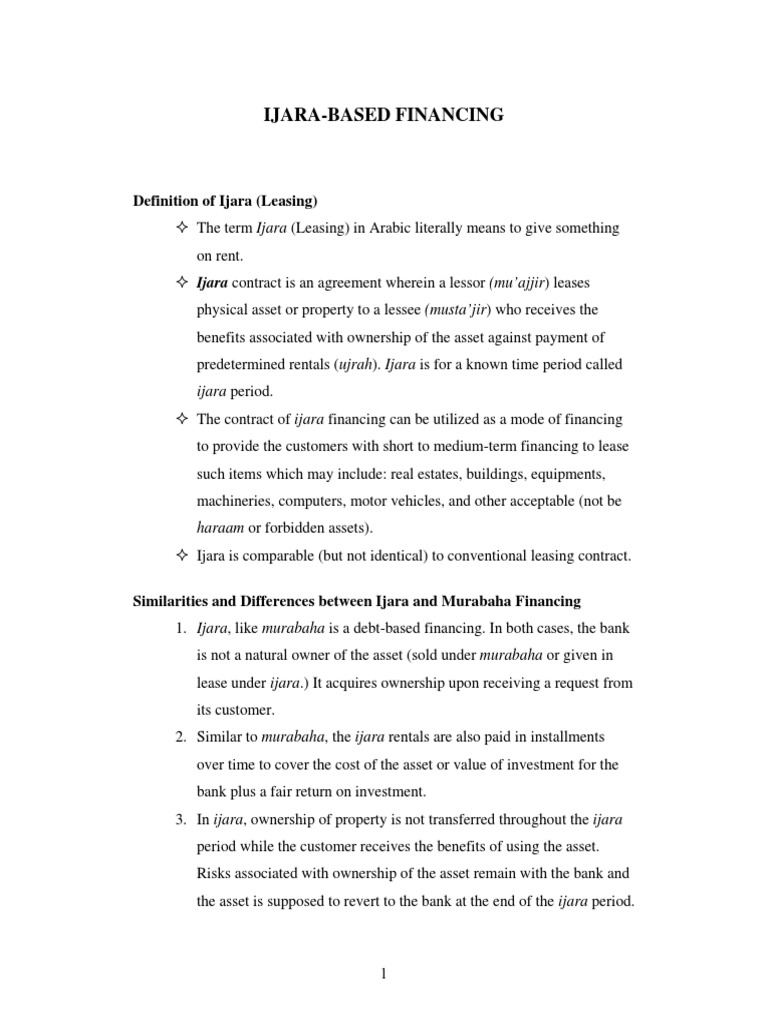 Ijara-Based Financing: Definition of Ijara (Leasing) | PDF | Lease ...