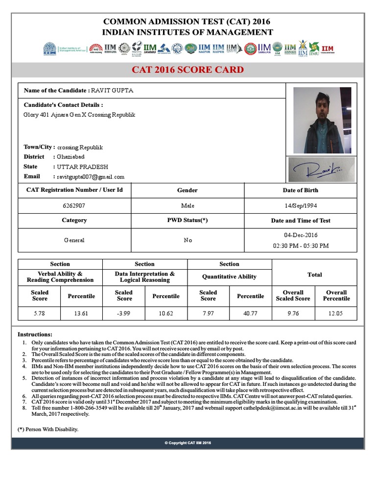 Cat 2016 Score Card: Common Admission Test (Cat) 2016 Indian Institutes ...