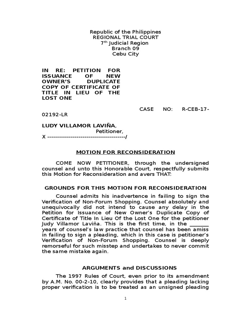 Motion For Reconsideration - Laviña | PDF | Pleading | Equity (Law)