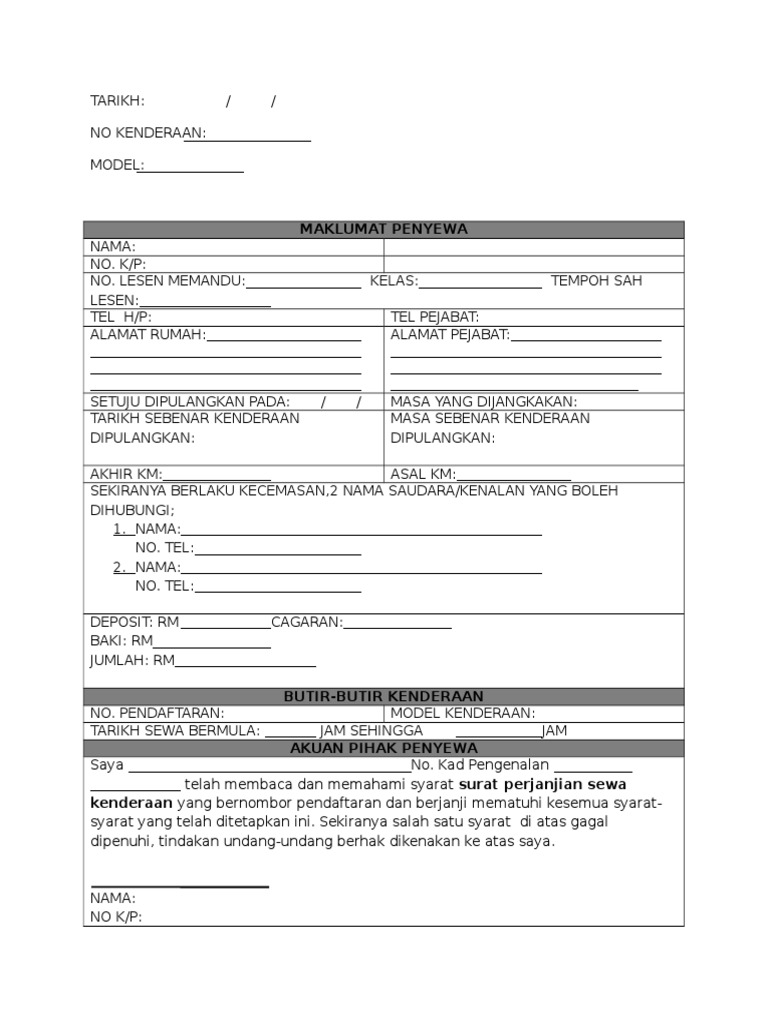 Borang Sewa Kereta Draft | PDF