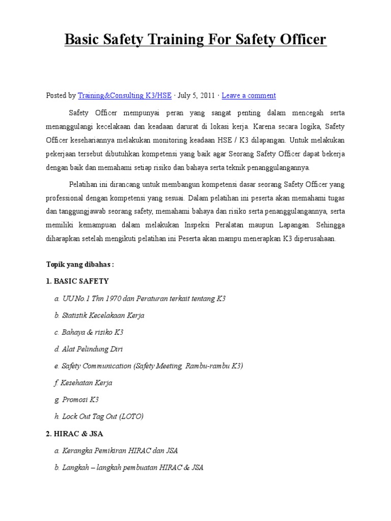Basic Safety Training For Safety Officer | PDF