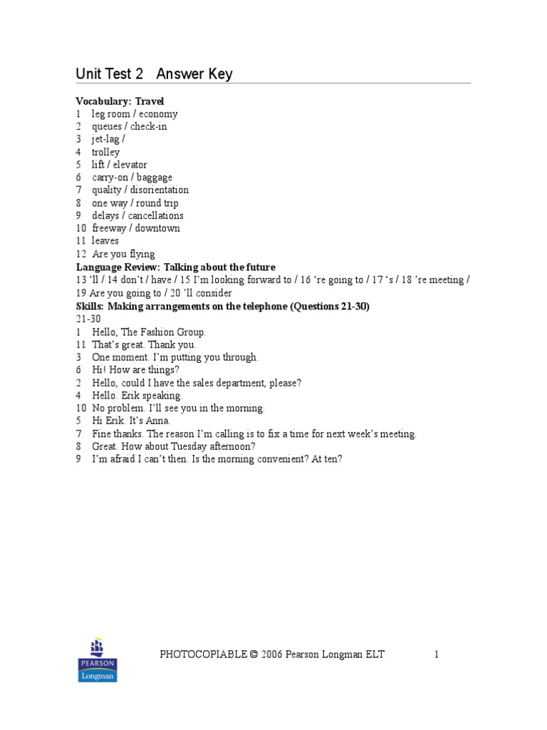 Unit Test 2 Answer Key: Vocabulary: Travel | PDF | Languages