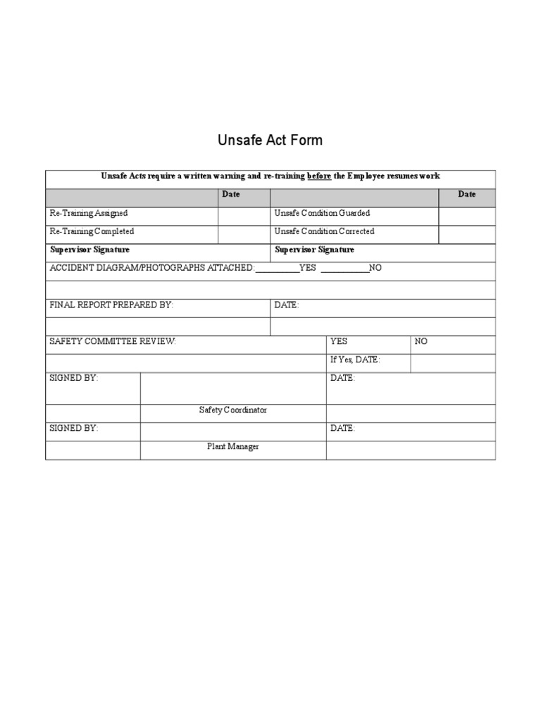 Unsafe Act Form: Unsafe Acts Require A Written Warning and Re-Training ...