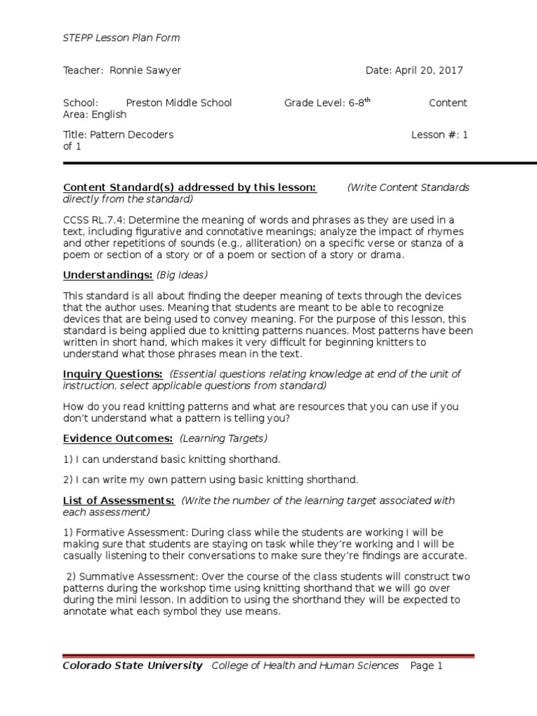 STEPP Lesson Plan Form: Colorado State University College of Health and ...