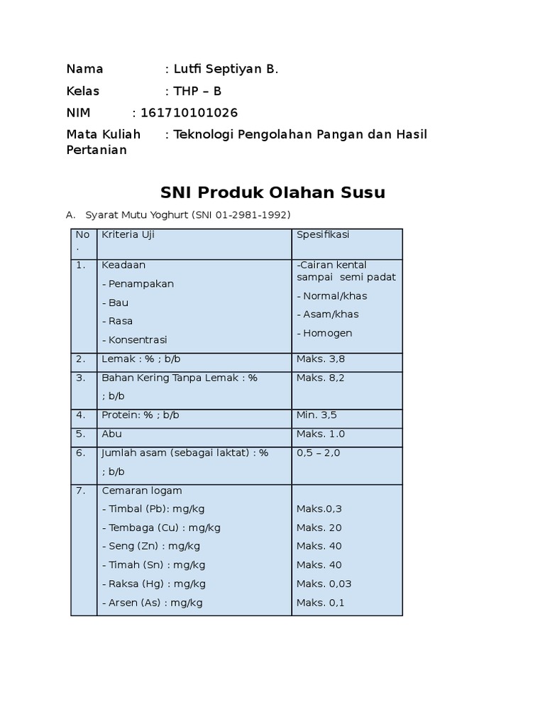 Syarat Mutu Susu Segar Berdasarkan SNI 01 | PDF
