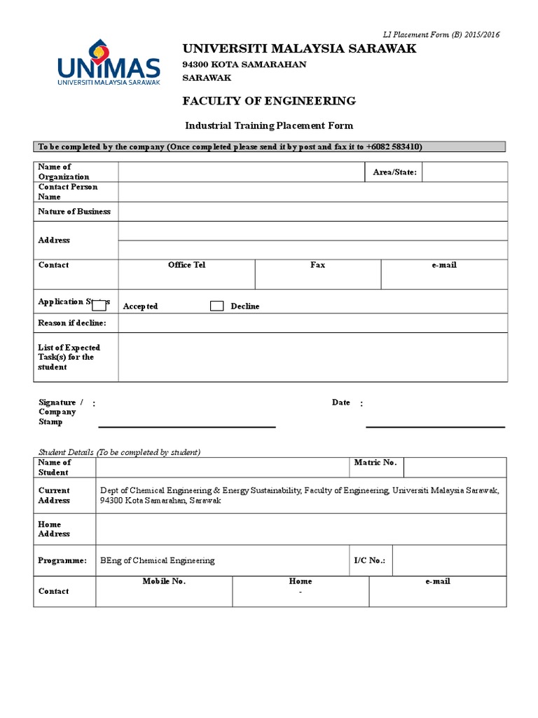Industrial Training Placement Form | PDF