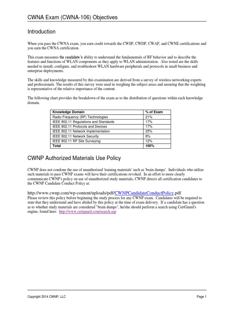 Cwna 106 Exam Objectives v6!01!2014 | PDF | Wireless Lan | Ieee 802.11