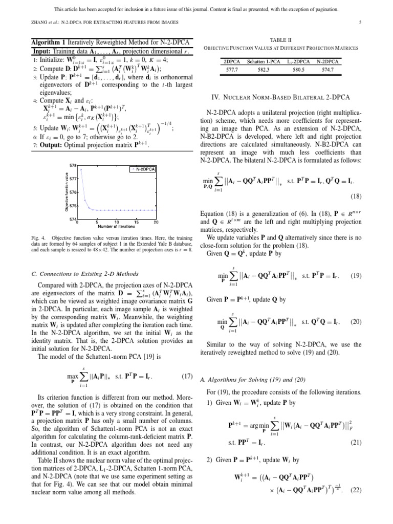 Algorithm 1 Iteratively Reweighted Method For N 2 Dpca Input Training Data A A W W A Pdf