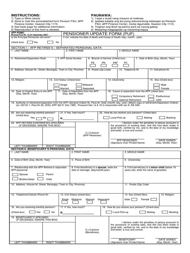 Pensioner Update Form (Puf) : Instructions: Paunawa | PDF | Marriage ...