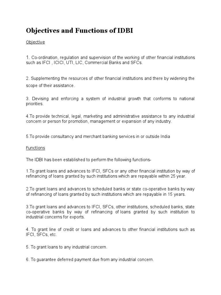 Objectives and Functions of IDBI: Objective | PDF | Loans | Banks