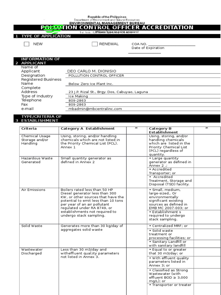 Pco Accreditation Form | Municipal Solid Waste | Wastewater | Free 30 ...