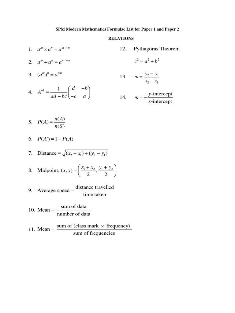 SPM Modern Maths Formula List | PDF