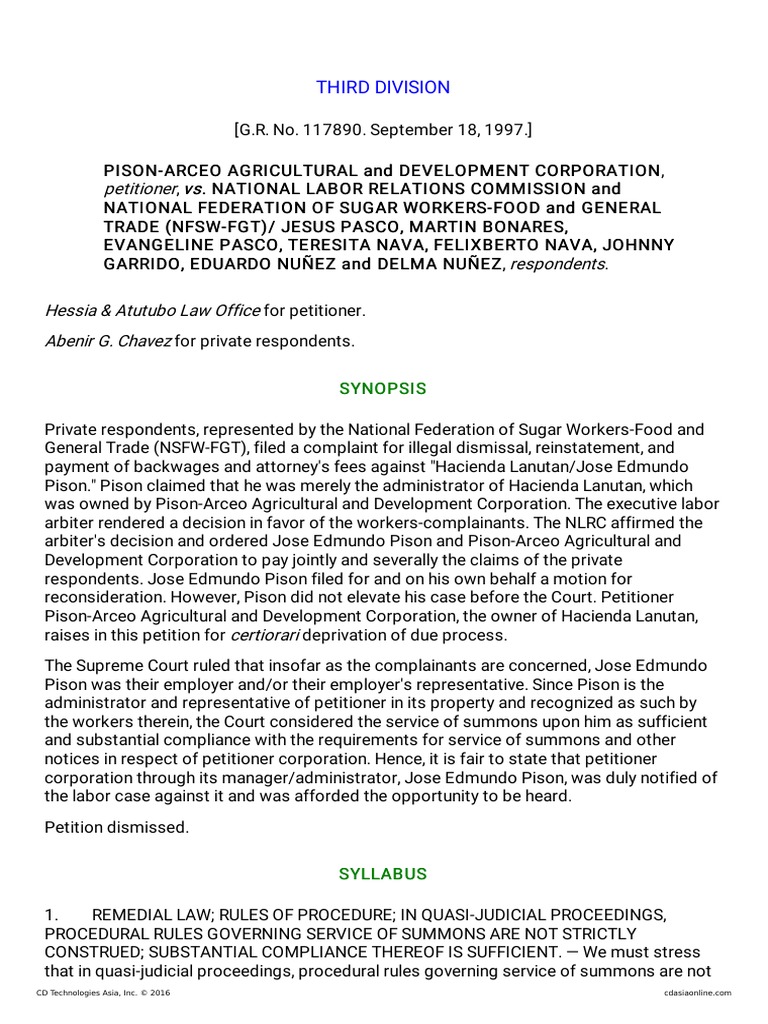 Pison-Arceo Agricultural Vs NLRC | PDF | Arbitration | Summons
