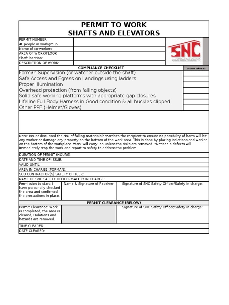 Permit To Work Shafts and Elevators: Compliance Checklist | PDF