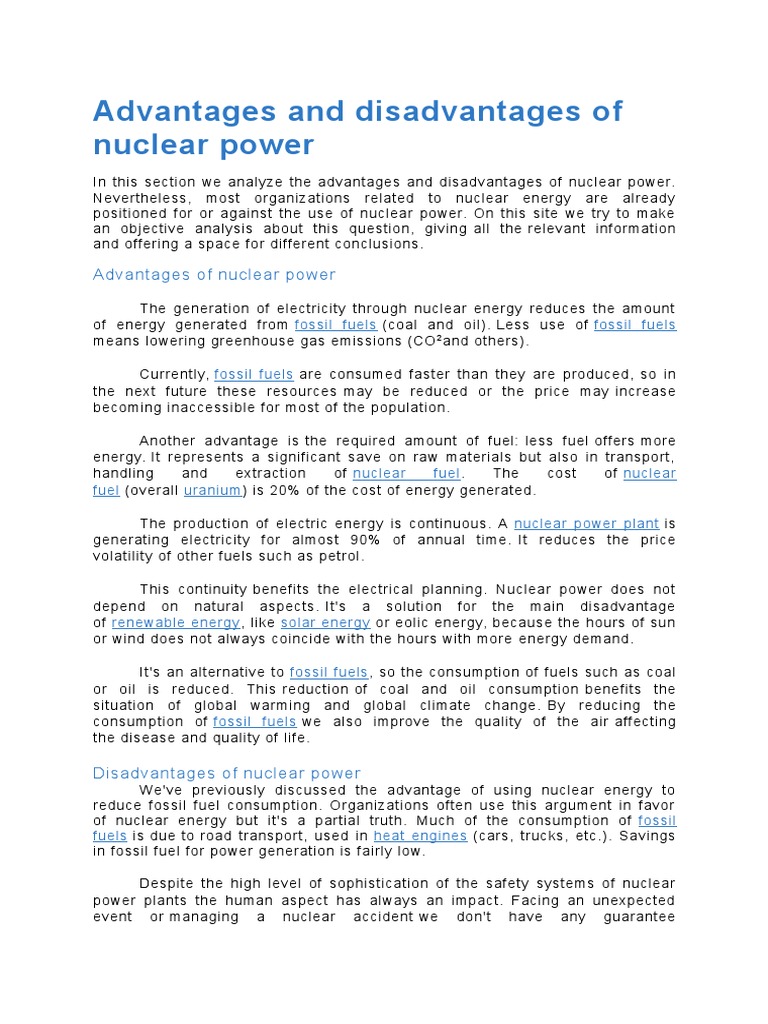 Advantages and Disadvantages of Nuclear Power | PDF | Nuclear Power | Fuels