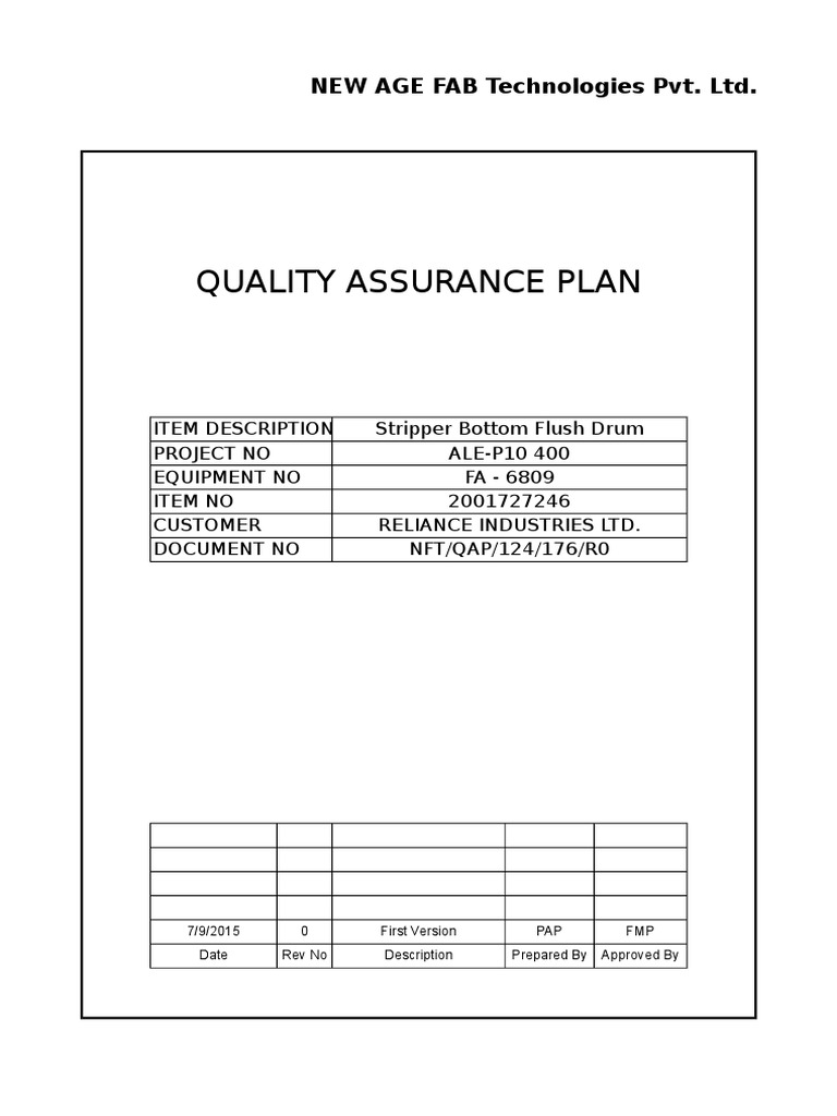 Quality Assurance Plan: NEW AGE FAB Technologies Pvt. LTD | PDF ...