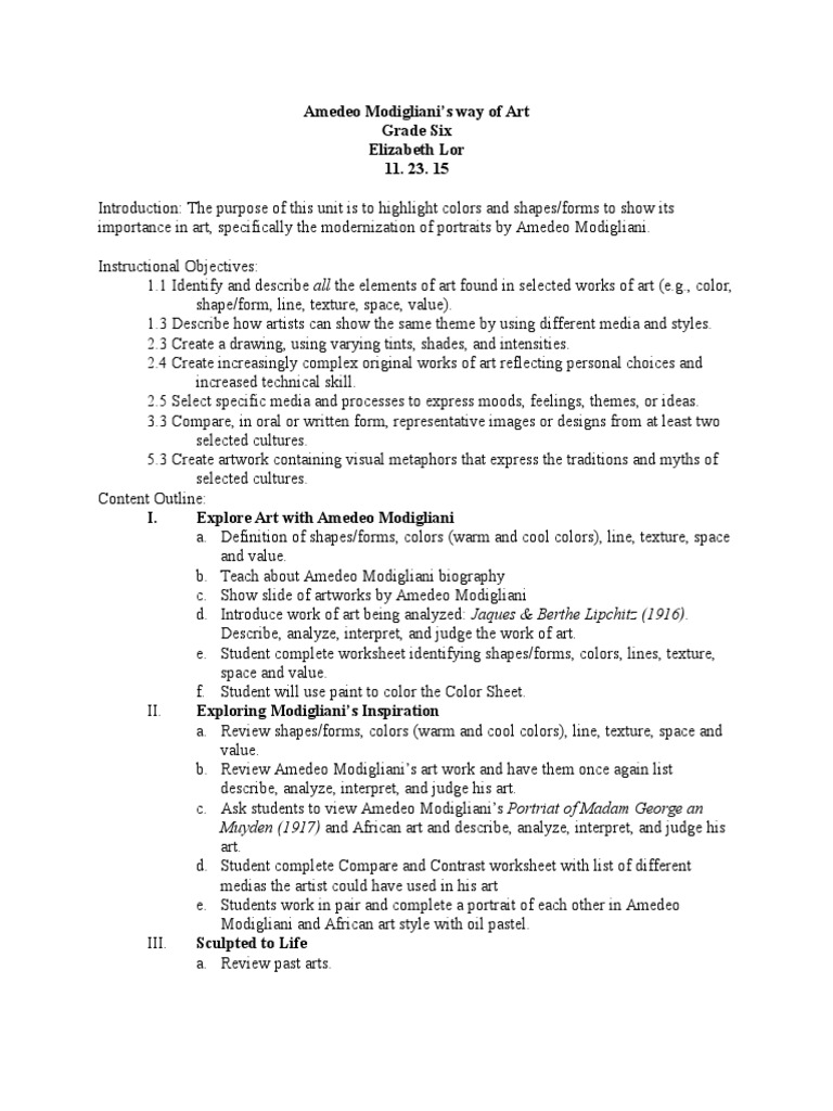 Amedeo Modigliani Lesson Plan Autosaved | PDF | Shape | Drawing