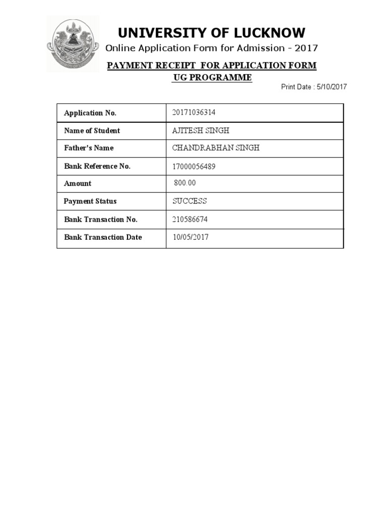 University of Lucknow: Payment Receipt For Application Form Ug ...