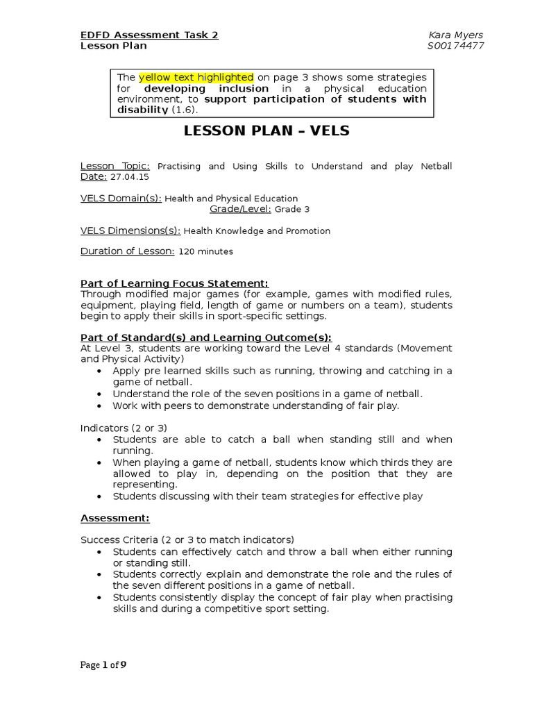 Lesson Plan - VELS Hpe Edfd 1.6 | PDF | Lesson Plan | Physical Education