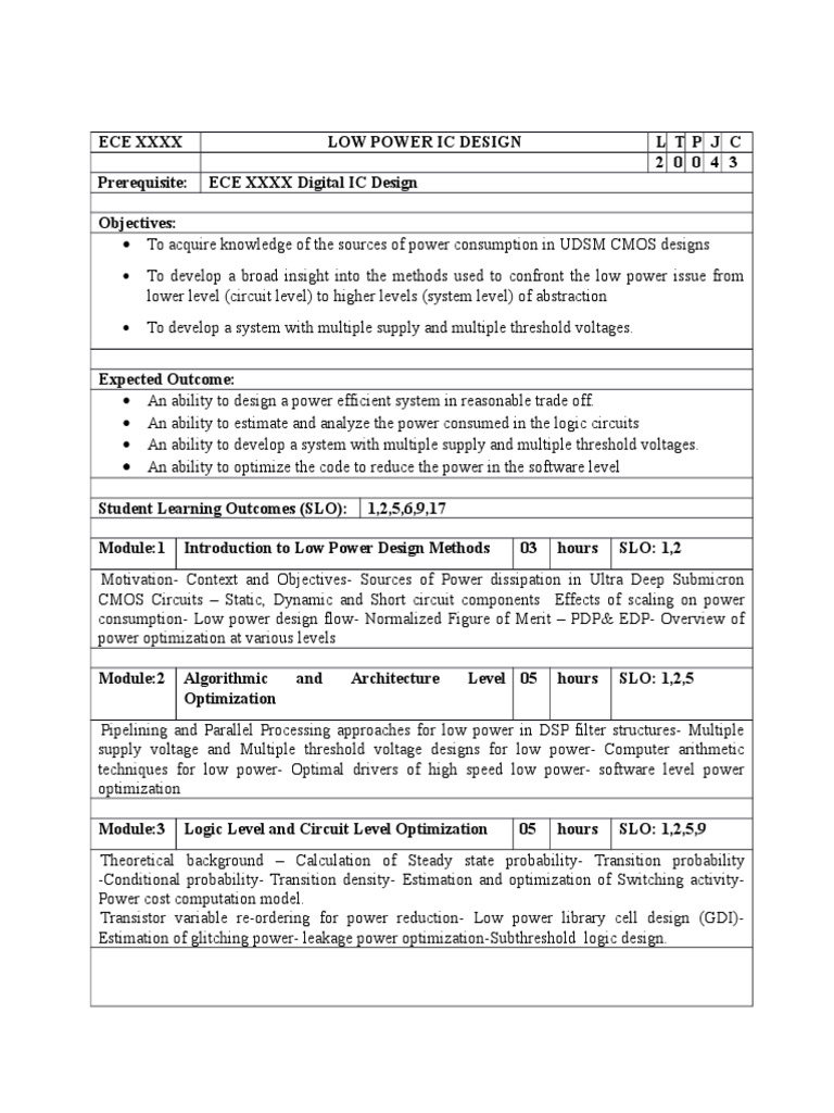Low Power IC Design Syllabus ECE XXXX | PDF | Program Optimization | Cmos
