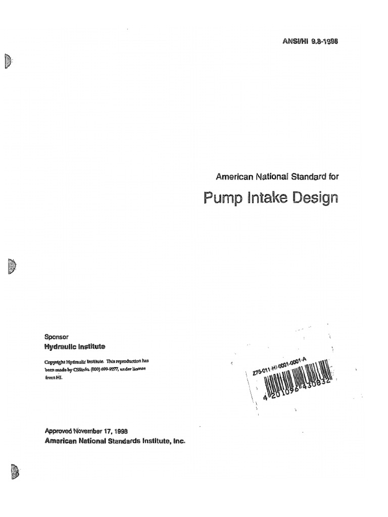 ANSI-HI 9.8-1998 Pump Intake Design PDF | PDF