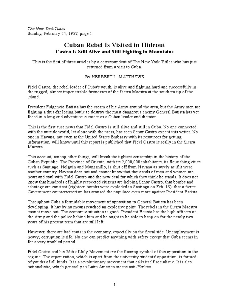 Herbert Matthews Article On Castro, NYT 24 Feb 1957 | PDF | Fidel ...