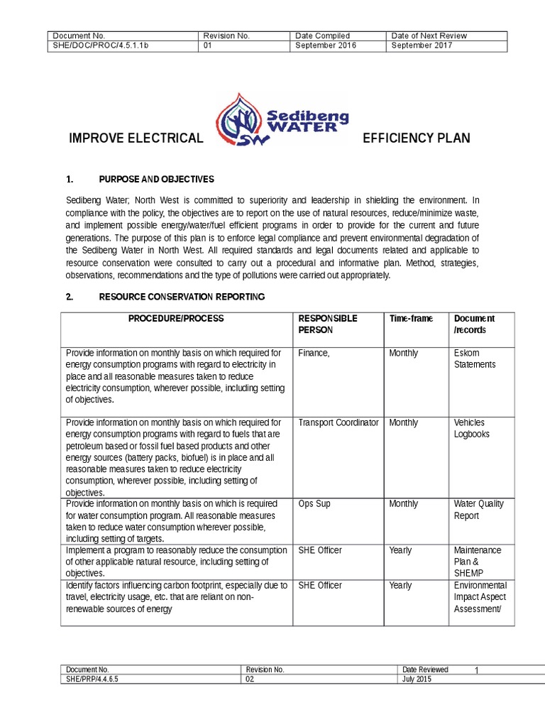 Improve Electrical Efficiency Plan: 1. Purpose and Objectives | PDF ...