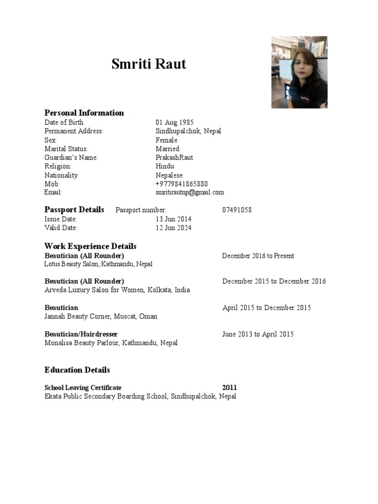 Smriti Raut Beautician Hairdresser CV Nepal | PDF