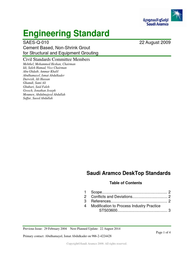 SAES-Q-010 Cement Based, Non-Shrink Grout PDF | PDF | Specification ... SAES-Q-010 Cement Based, Non-Shrink Grout PDF | PDF | Specification ...