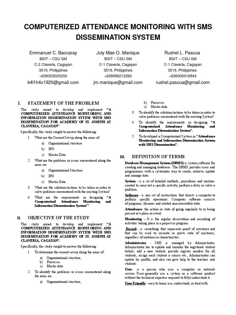 Computerized Attendance Monitoring With Sms Dissemination System | PDF | Usability | Databases