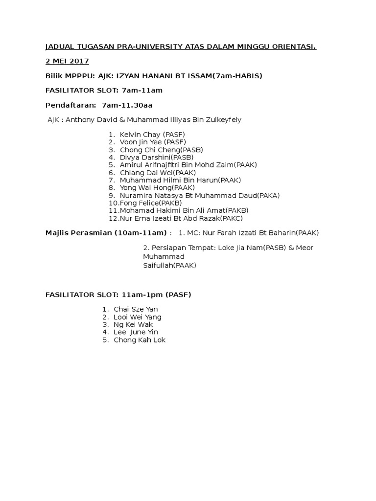 Jadual Tugas Minggu Orientasi Pra-U | PDF | Travel | Wellness