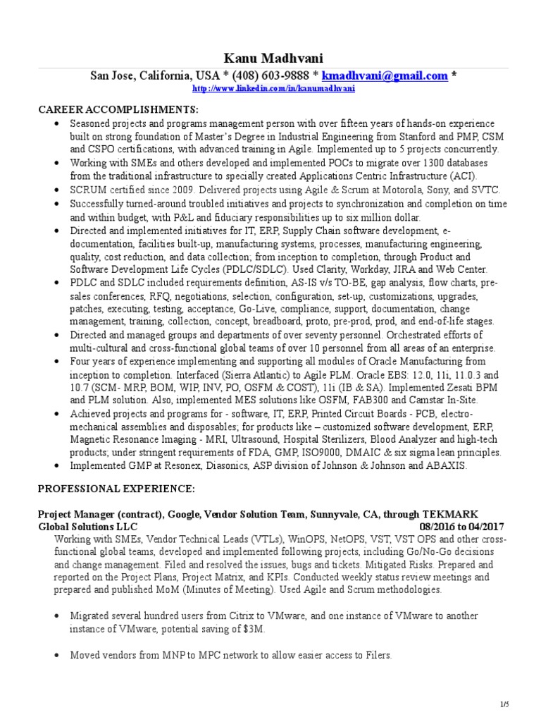 Project Manager PMP CSM in San Francisco Bay CA Resume Kanu Madhvani | PDF