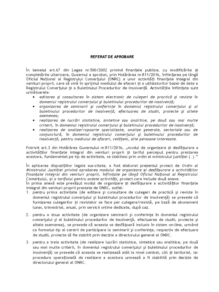Referat de Aprobare Ordin 17032017 | PDF