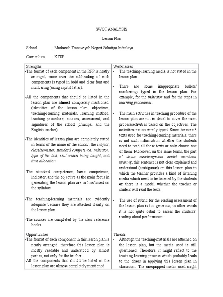 Swot Analysis | Lesson Plan | Educational Assessment