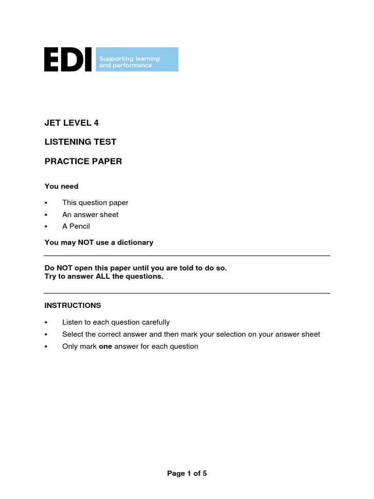 Jet Level 4 Listening Test Practice Paper: You Need | PDF | Transport