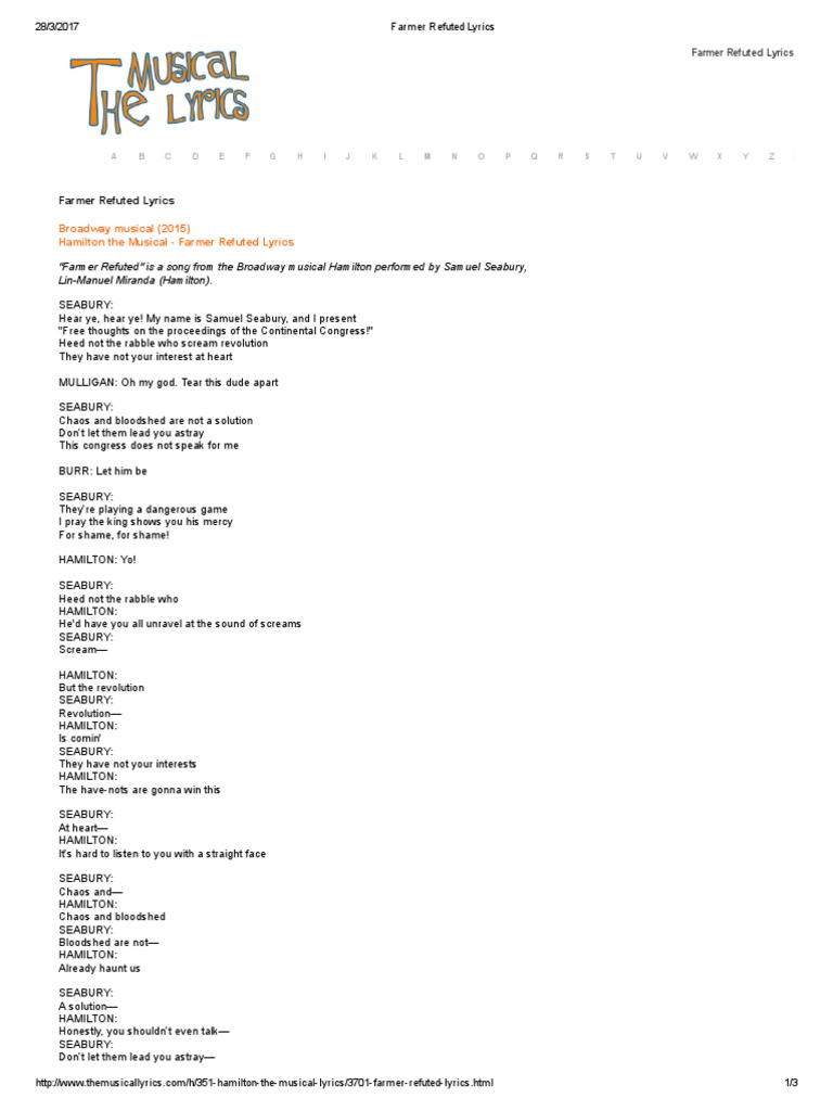 Farmer Refuted Lyrics | PDF | Hamilton (Musical) | Leisure