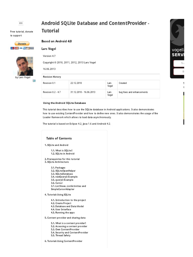 Android Sqlite Database and Contentprovider - Tutorial | PDF | Sql | Method (Computer Programming)