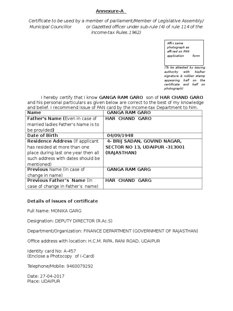 Annexure A for PAN Card Correction | PDF