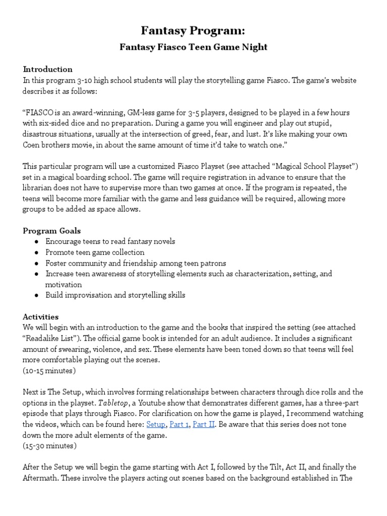 Fantasy Program:: Fantasy Fiasco Teen Game Night | PDF | Leisure