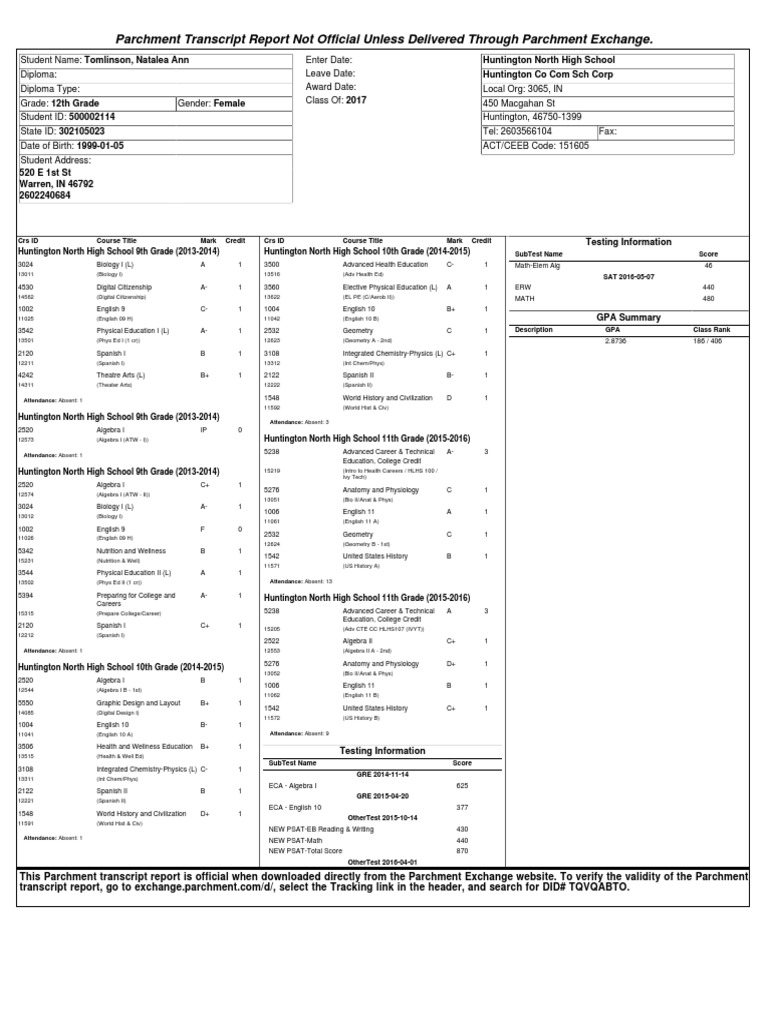 Hs Transcript | PDF | Educational Stages | Schools