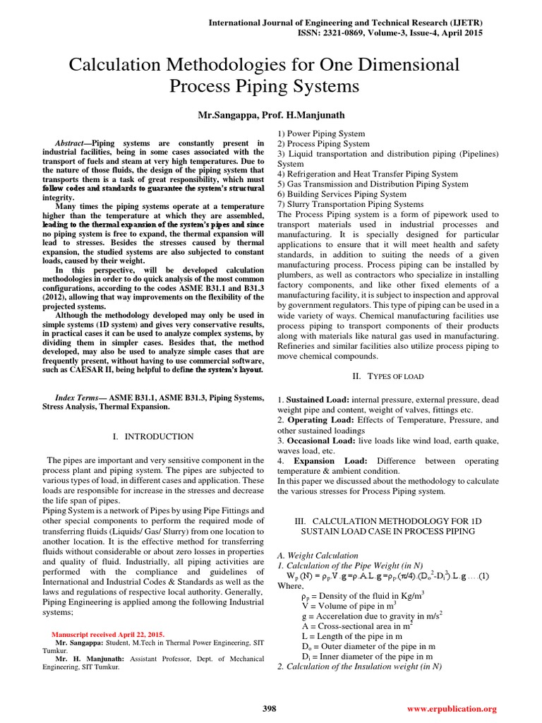 Calculation Methodologies For One Dimensional Process Piping Systems ...