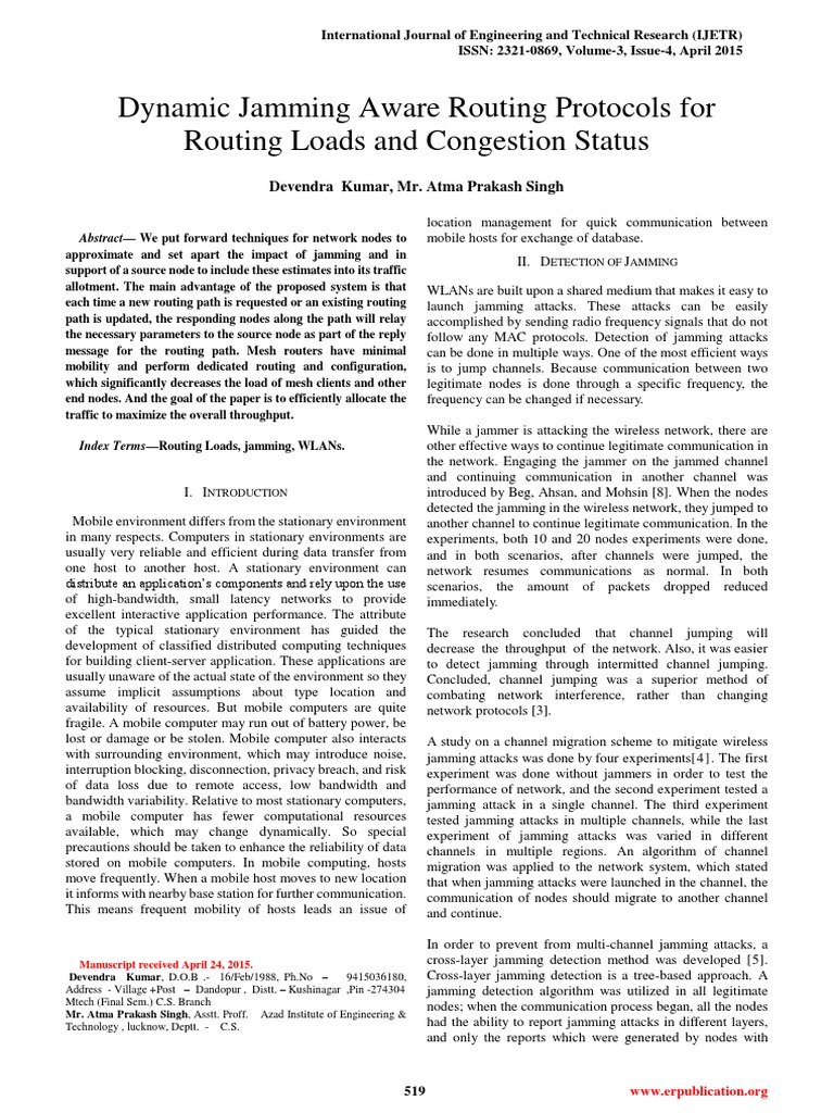 Dynamic Jamming Aware Routing Protocols For Routing Loads and Congestion Status | PDF | Routing ...
