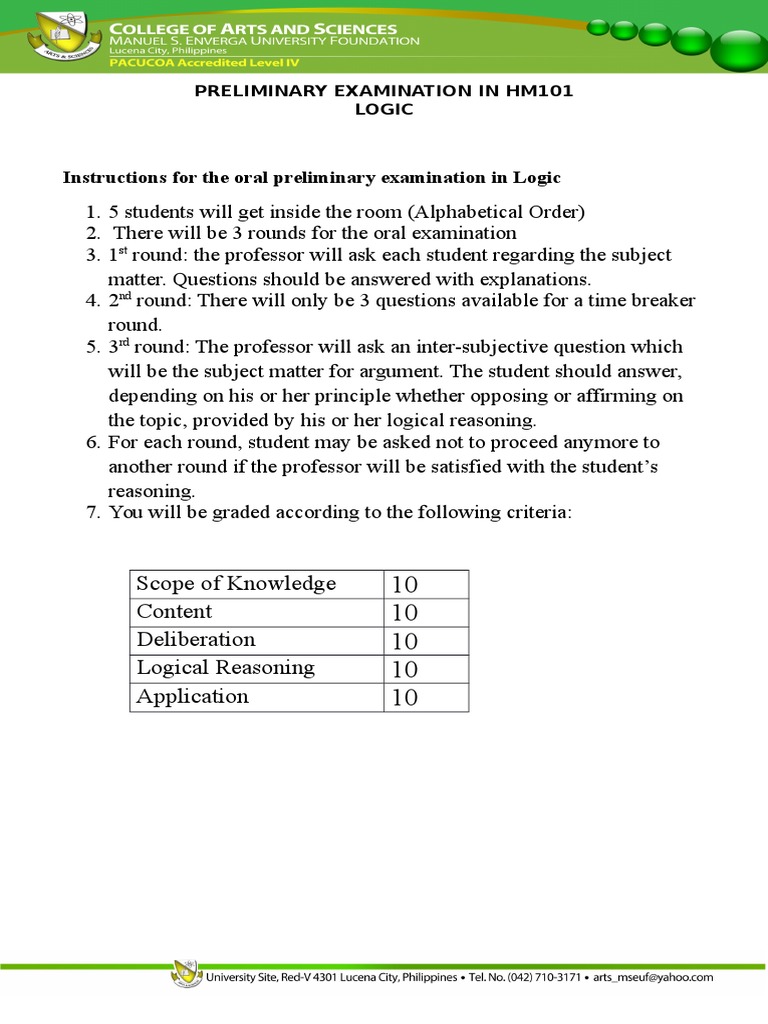 Guideline Oral Exam in Logic | PDF