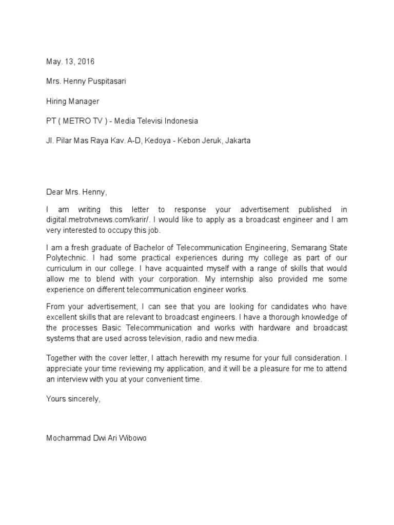 Application Letter (M Dwi Ari W TE-2B, 12) | PDF