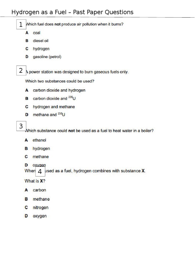 Hydrogen As A Fuel - Past Paper Questions | PDF
