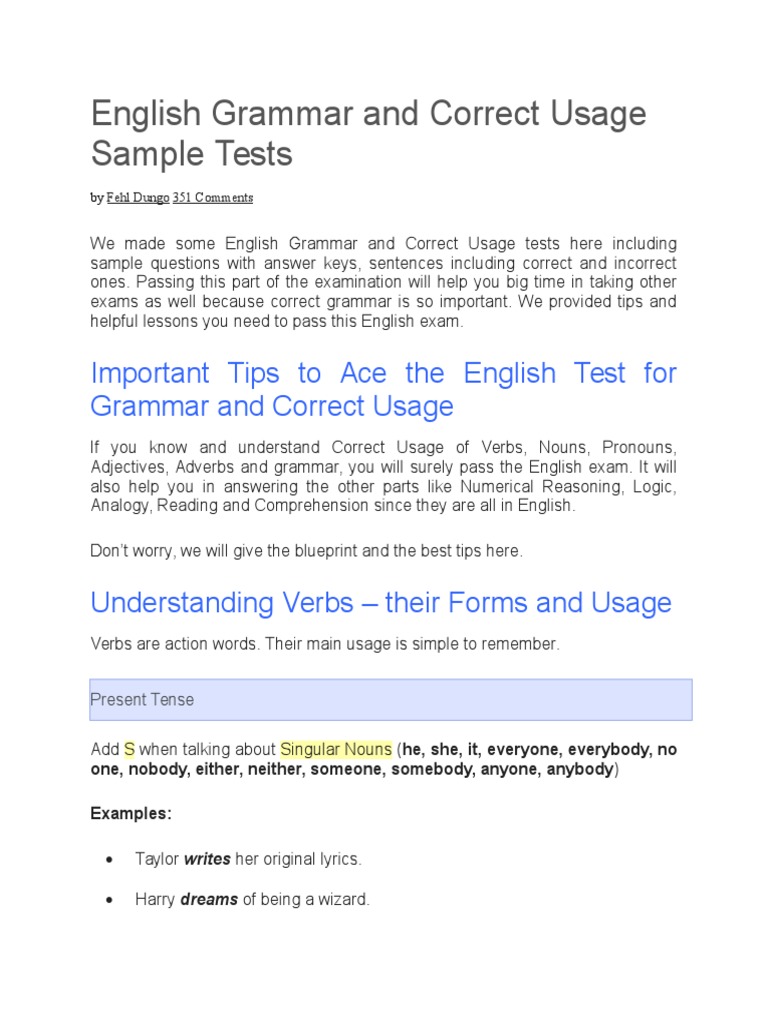 English Grammar and Correct Usage Sample Tests | English Grammar | Verb